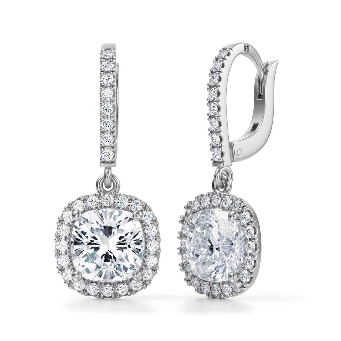 4 Carat Cushion Halo Lab Grown Diamond Drop Earrings